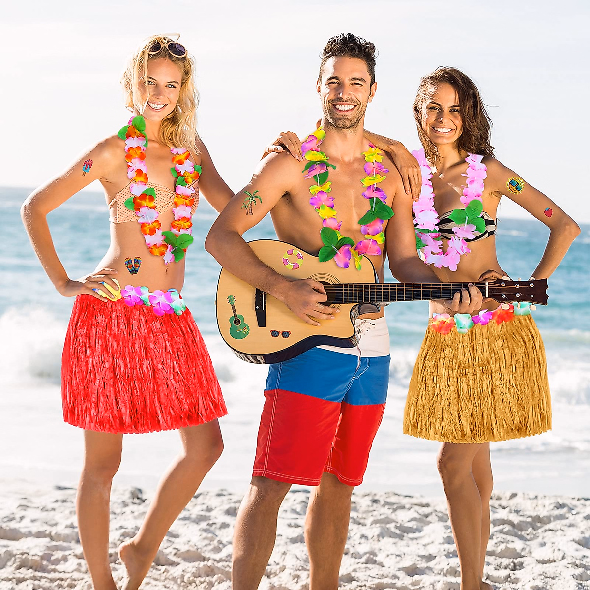 Elcoho 36 Pack Hawaiian Party Decorations Set Including 12 Pack Hawaiian Grass Skirt 12 Pack Luau Leis Necklaces and 12 Pack Hawaiian Temporary Tattoos for Luau Party Supplies