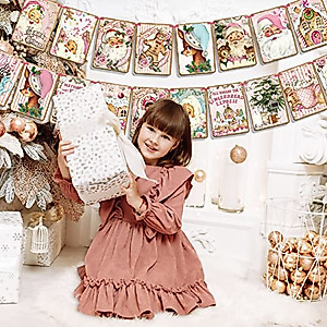 Pink Christmas Decorations Vintage Style Santa Claus Elk Gingerbread Banner Merry Christmas Hanging Banner for Home Office Party Fireplace Christmas Party Supplies