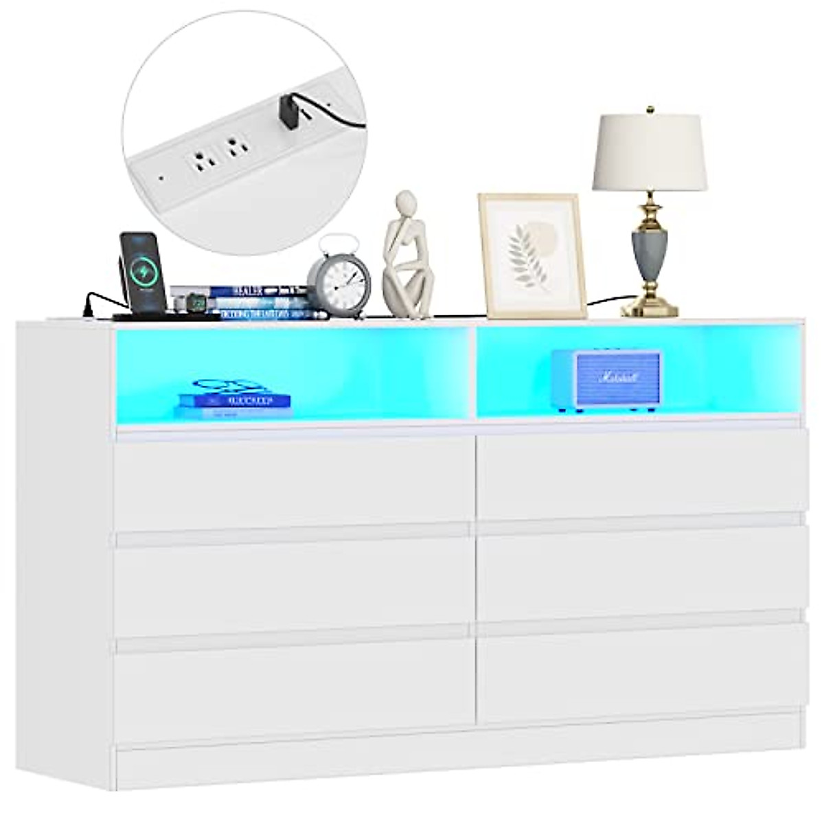 Gyfimoie 6 Drawer Double Dresser with Power Outlet, Accent Chests of Drawers with LED Light, Modern White Storage Dresser with Charging Station (Mirror Not Included)