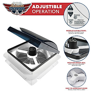 Leisure Coachworks 14" x 14" RV Roof Vent Fan Exhaust 6 Speed reversible 12V manual riser with Smoked Lid
