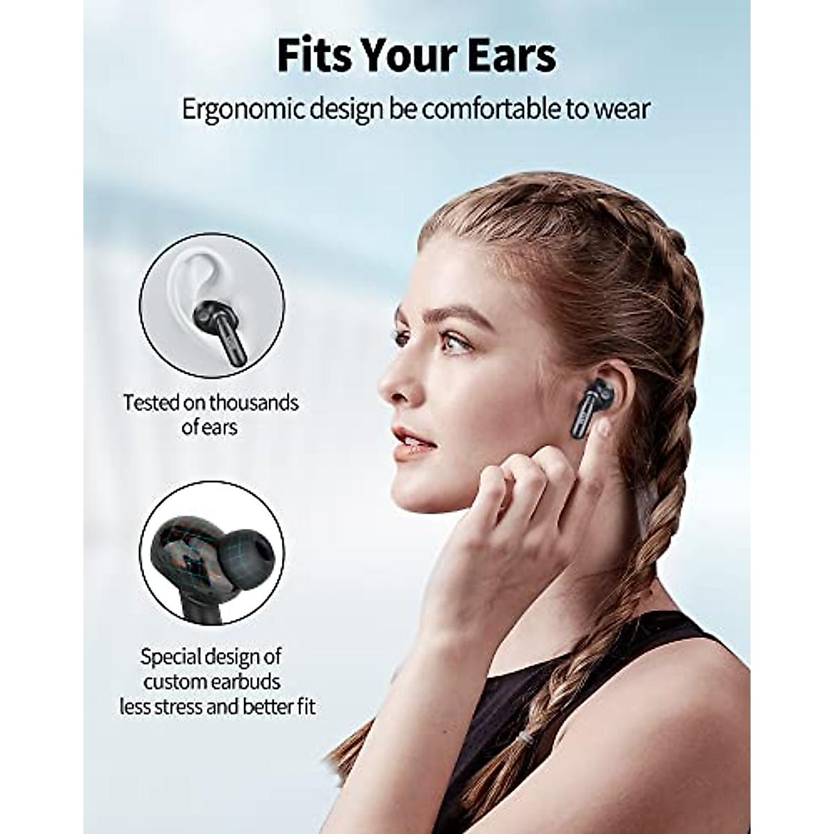 EARB Bluetooth Headphones Wireless Earbuds with 4 Speakers Hi-Res Audio Earphones 30H Playtime with Charging Case and LED Display Touch Control Waterproof in-Ear Headset USB-C for Sports Work Game
