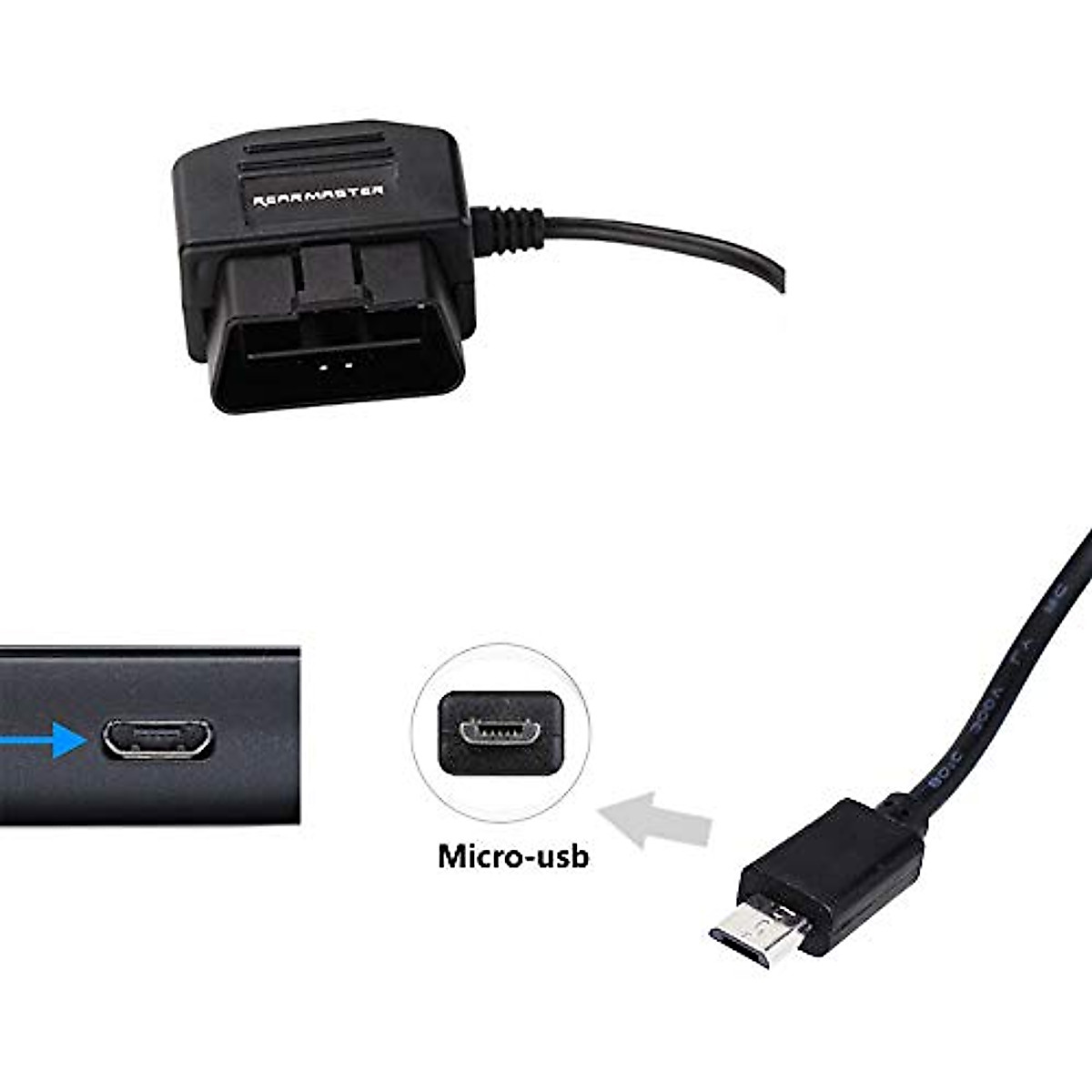 REARMASTER Universal OBD Power Cable for Dash Camera,24 Hours Surveillance/Acc Mode with Switch Button(Micro USB Port)