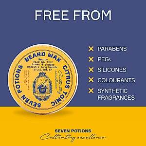 SEVEN POTIONS Beard Wax for Men — Medium Hold Styling Wax to Shape And Nourish Your Beard — All-Natural, Vegan, Cruelty Free — Citrus Tonic (1 FL OZ)