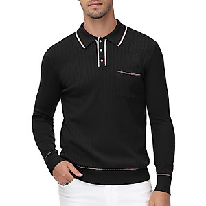 PJ PAUL JONES Mens Vintage Knit Sweater Long Sleeve Lapel Collar Pullover Sweater Black XL