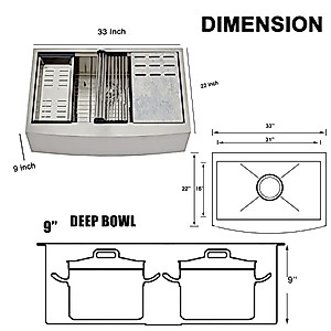 UFaucet 33 Inch Stainless Steel Farmhouse Sink, 33x22 Apron Front Sink Ledge Workstation, 16 Gauge Deep Single Bowl Kitchen Farm Sink with Accessories