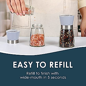 Vzaahu Salt and Pepper Grinder Set Grey - Refillable Small Sea Salt & Peppercorn Shakers Set, Adjustable Coarseness, Ceramic Burr, Premium Glass Salt & Pepper Mill
