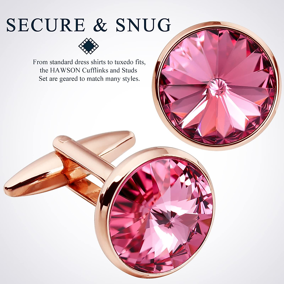 HAWSON Cufflink and Studs Tuxedo Set Silver Color with Austrian Crystals in Jet Hematite, Dark Blue, Crystal Grey,Purple, Green (Rose (Cufflinks with Studs)