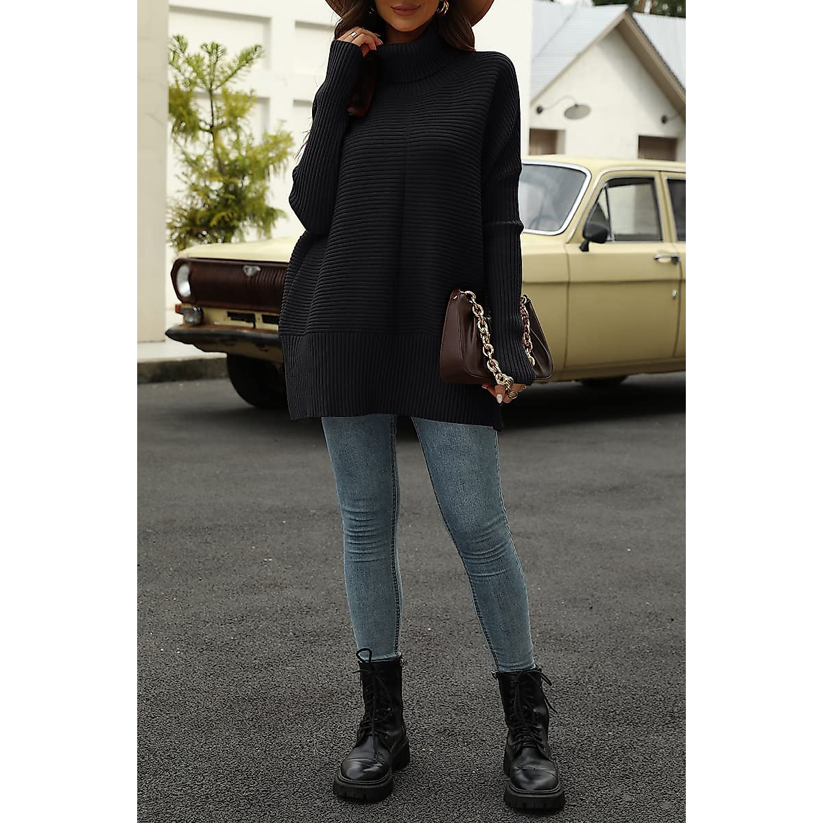 EFAN Black Oversized Turtleneck Sweaters Dress for Women Clothes Trendy Rib Pullover Sweater Long Tunic Sweaters Knit Tops