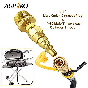 Aupoko 1lb Propane Disposal Adapter Fitting with 1/4" Quick Connect Disconnect Adapter, with 1/4’’ Male 1" x 20 Male Throwaway Cylinder Thread, for Portable BBQ Grill, Bubby Heater Hook Up RV Trailer