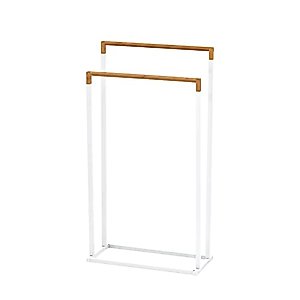 ikloo 33 Inch 2-Tier White Metal Freestanding Bathroom Towel Rack Stand with Bamboo Wood Bar, Laundry Room Drying Rack Holder, Bathroom Storage Organizer.
