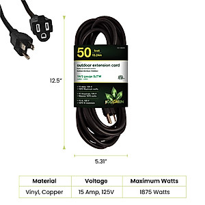 Go Green Power Inc. 14/3 50ft Black Outdoor Extension Cord - Robust, Heavy Duty - Perfect for Outdoor Tools & Equipment - GG-13850BK