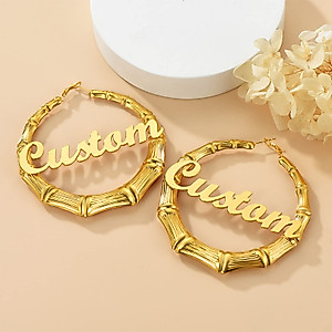 Custom4U Personalized Gold Hoop Earrings with Name Custom Bamboo Elegant Earrings Memory Jewelry Gifts for Women