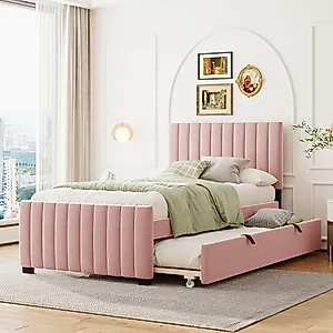 YOPTO Twin Size Upholstered Bed with Twin Size Trundle, Velvet Platform Bed Frame w/Headboard for Bedroom,No Box Spring Required,for Bedroom Guest Room,Pink