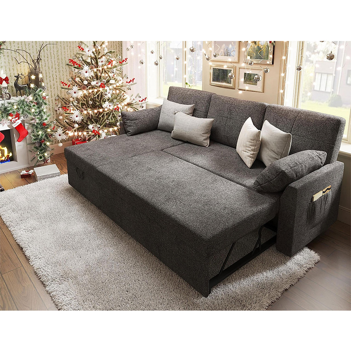 Merluxy Sofa Bed Sleeper Sofa with Storage Chaise 2 in 1 Pull Out Couch Bed for Living Room Sectional Couch with Pull Out Bed Gray
