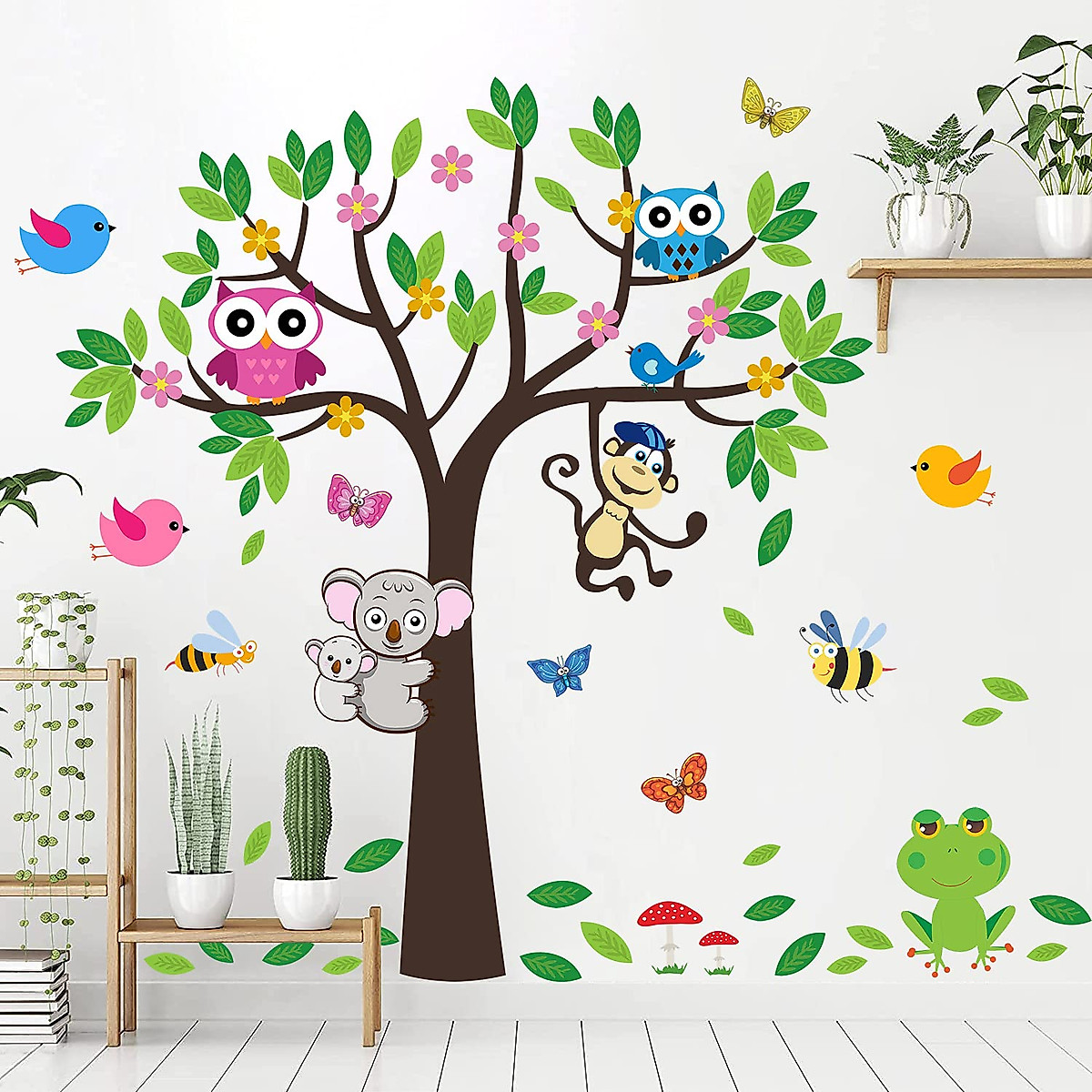 Amaonm Giant Tree With Cartoon Animals Monkey Owls Wall Sticker Removable 3D DIY Green Leaves Wall Decal Nursery Peel and Stick art Decor for Kids Baby Bedroom Home Living Room Classroom Decoration