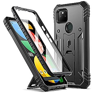 Poetic Revolution Series Case for Google Pixel 5A 5G, Full-Body Rugged Dual-Layer Shockproof Protective Cover with Kickstand and Built-in Screen Protector, Black