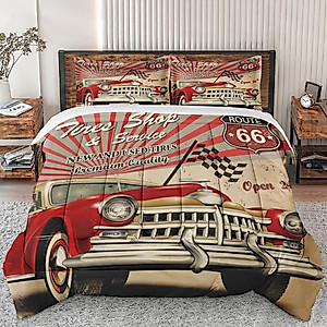 Pinbeam Comforter Set Queen Size, Tire Retro Vintage Car Soft Bedding Set for Kids and Adults, Vehicle Automotive Garage Comforter Set with 2 Pillowcases for Bedroom Bed Decor