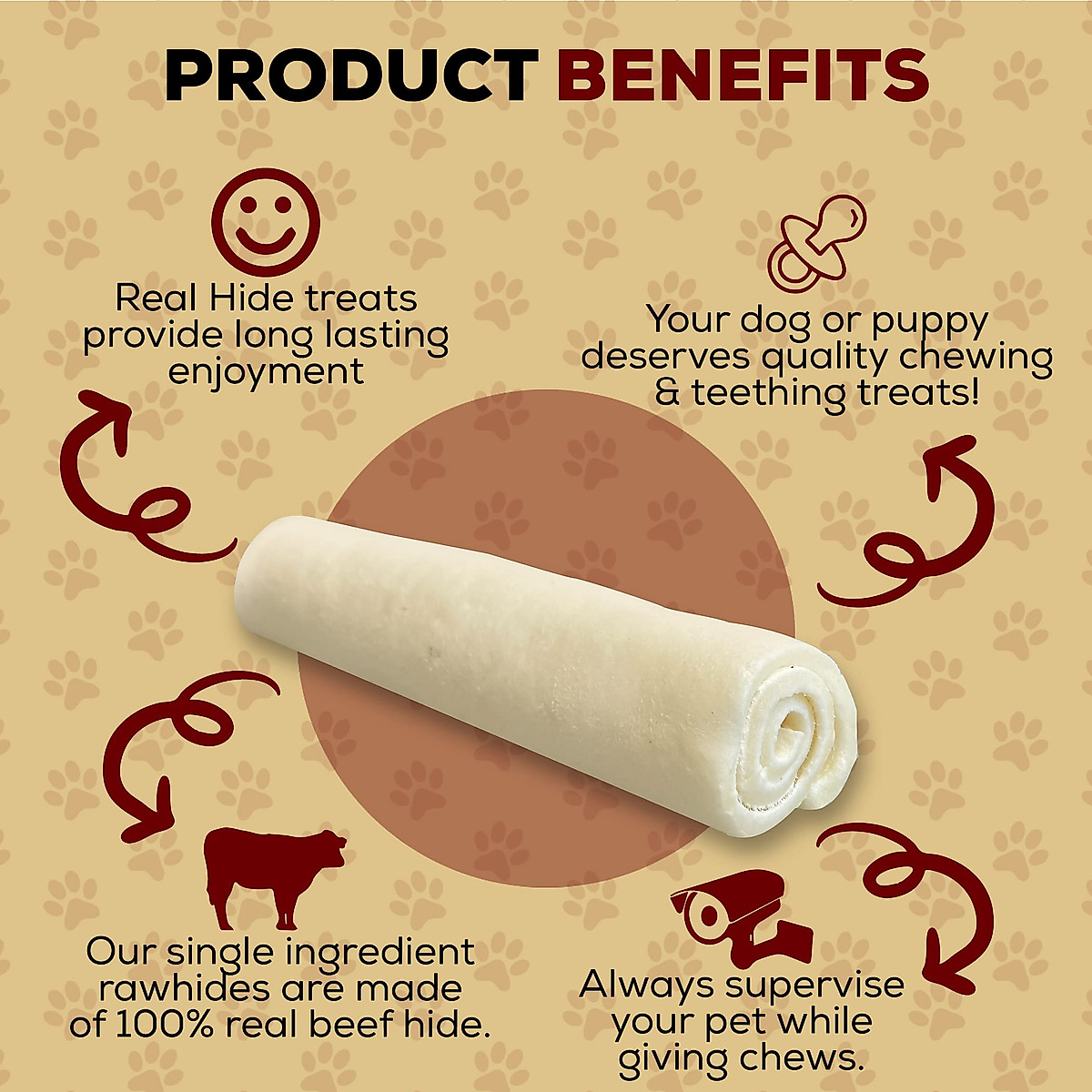 Real Hide | All Natural Dog Chew Treats - Premium Rawhide Rolls, 9-10 Inch - Long Lasting Grass Fed Free Range Beef Hide - Medium/Large Dogs - 4 Count