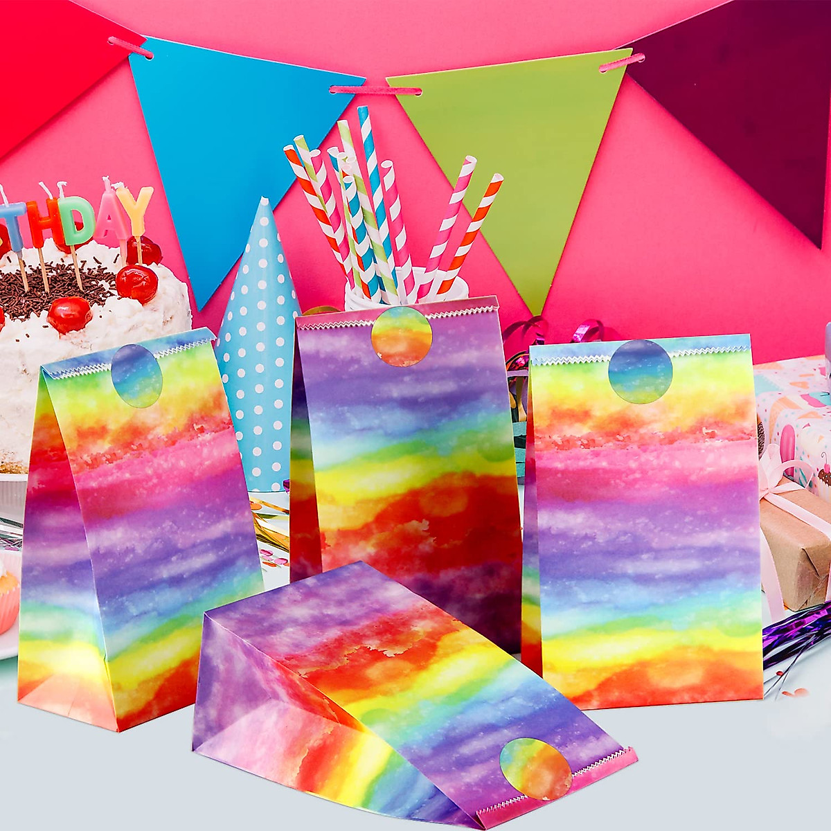 GITMIWS 28 Pcs Tie Dye Gift Bags, Kids Goodie Bags with 28 Pcs Stickers for Birthdays, Baby Showers, Kids Crafts and Activities, May Day, Valentine's Day, Christmas Day, Tie Dye Party Decorations（4.7L x3.2W x8.2H）