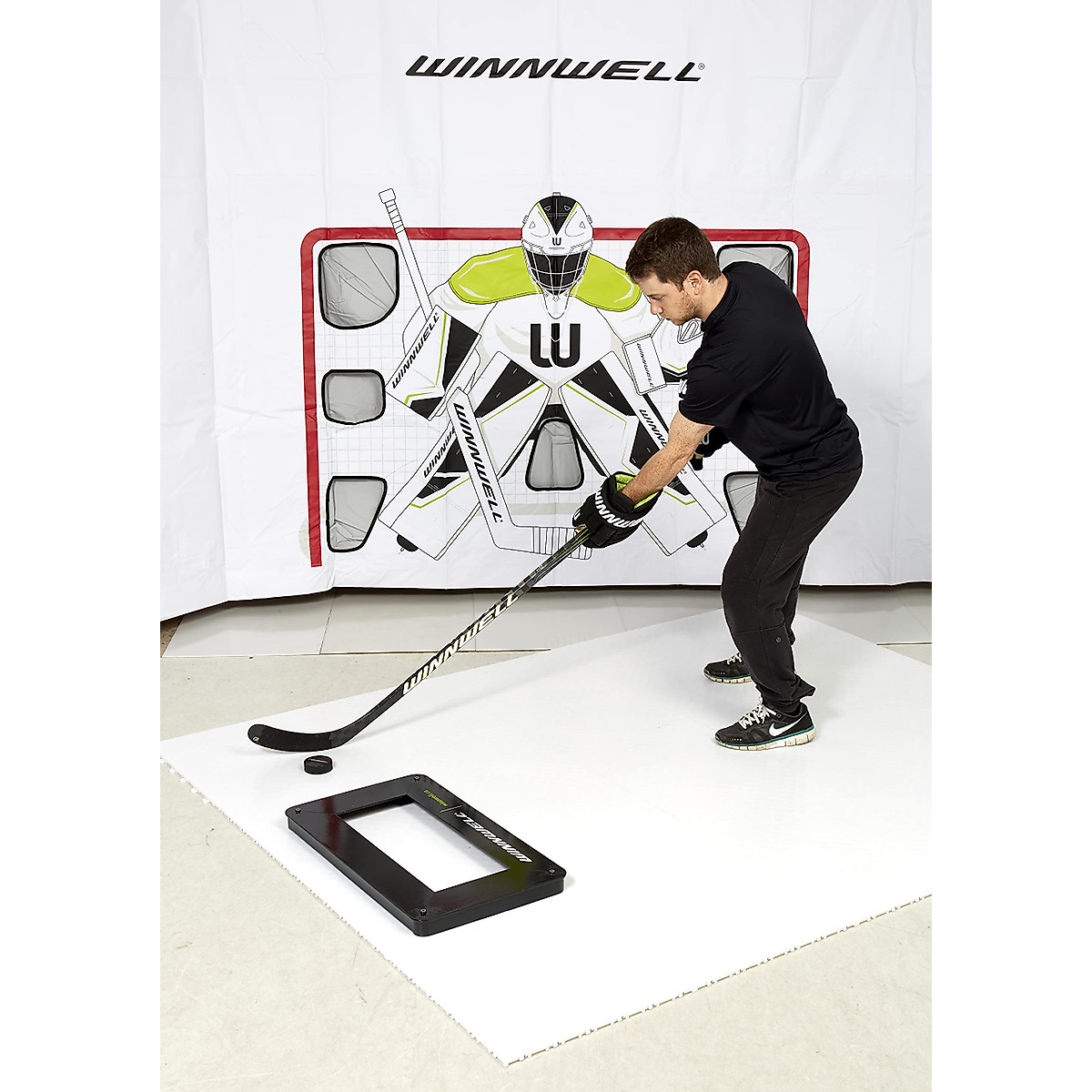 Winnwell 4Way Hockey Passing Aid - Passing & Stick Handling Trainer Suitable for On/Off Ice, Help Improve Puck Control & Shooting with Rubber Rebounder Passing Aide | Equipment Made for Kids & Adults