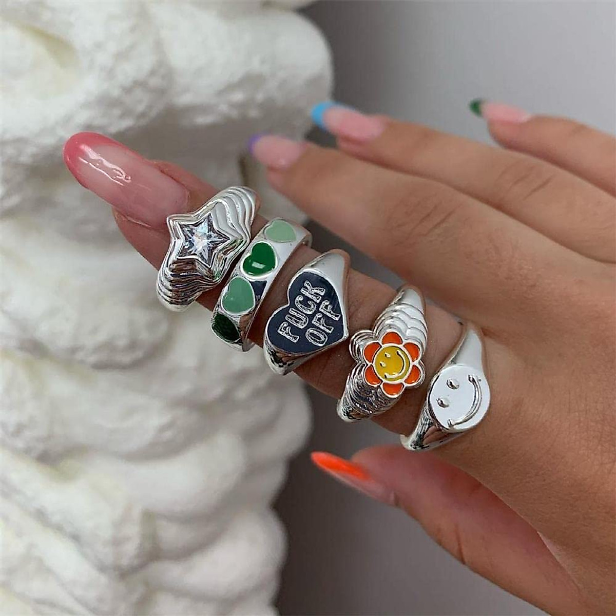 Personalized Encouragement Words Heart Band Ring for Women Inspirational Finger Tail Ring Knuckle Expandable Adjustable Hypoallergenic Stacking Cool Dainty Fashion BFF Birthday Daughter Gifts Christmas (Silver)