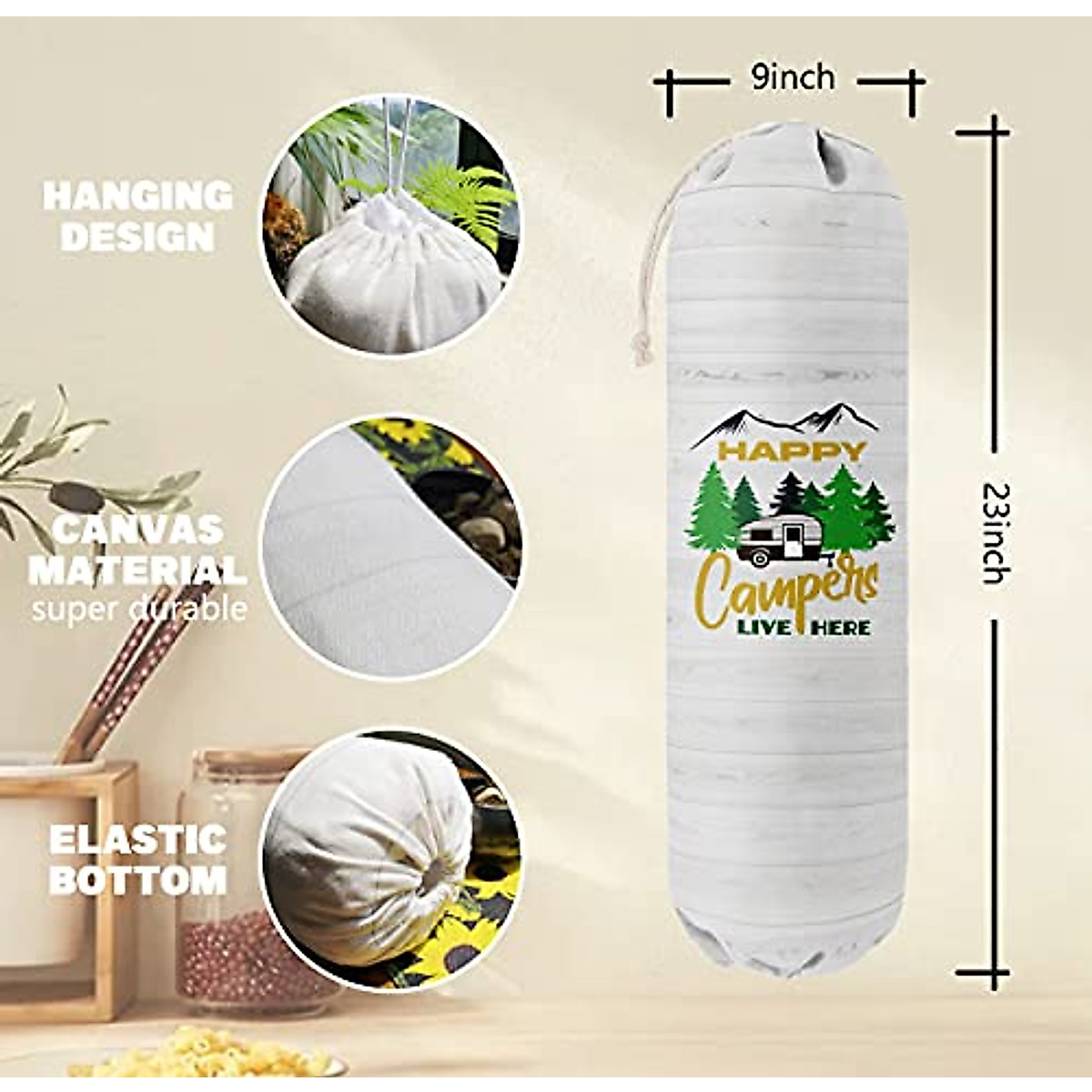 Happy Campers Live Here, Grocery Bags Holder Organizer For Shopping Bags, Wall Mount Plastic Bags Storage Container Dispensers, Gift For The Preferred Family And Friends