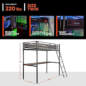 X Rocker HQ Twin Loft Gaming Bed, Durable Black Metal Frame, Built-In Console Shelving, Safe Ladder, Grid Mesh Sides, 78" x 61.4" x 72", Black