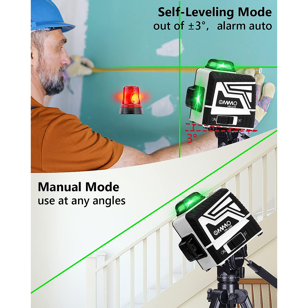 OMMO Laser Level, 8 Lines Green Laser Level Self Leveling Tool, 2 x 360° Green Cross Lines Laser Beams, 150 ft Laser Level with One Horizontal and One Vertical Line for Construction Picture Hanging
