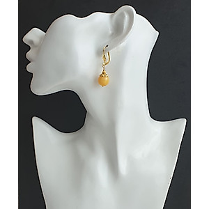 Yellow Agate Earrings Round Dangles Jewelry for Women Gold Plated Lever Backs in Gift Box