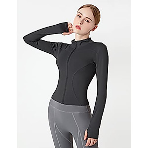 Gacaky Women's Slim Fit Lightweight Athletic Full Zip Stretchy Workout Running Track Jacket with Thumb Holes Black M