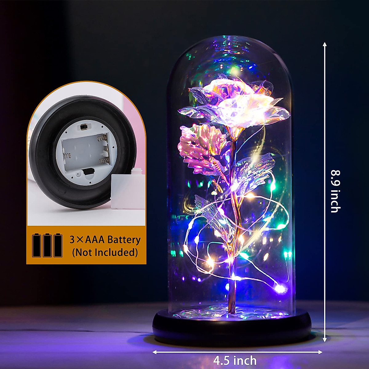 Glass Rose Gifts for Mom/Grandma/Wife, for Her with Greeting Card, Colorful Light Up Eternal Rose in A Glass Dome