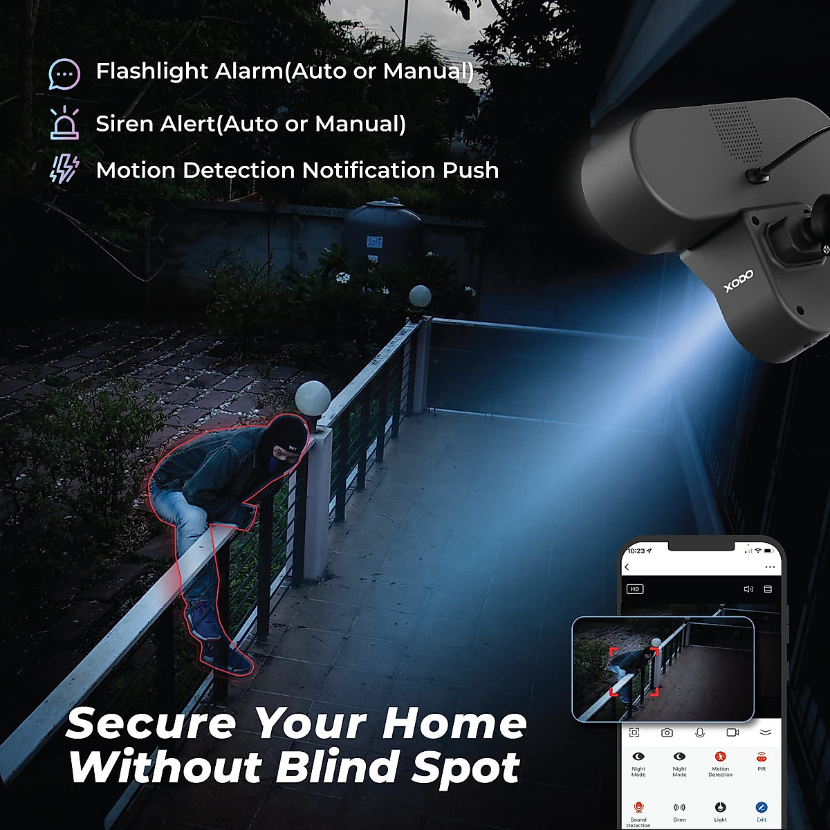 Smart Floodlight Security Camera - E9 Security Camera Outdoor - IP65 Waterproof - 2-Way Audio - Night Vision - PIR Motion Detection Video Recording Cloud/SD with Alexa and Google Assistant