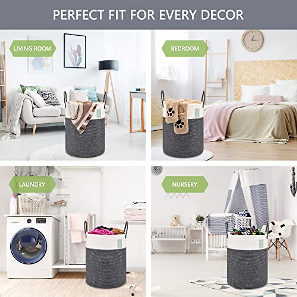 BOSROTY Extra Large Blanket Basket, Tall Laundry Basket, Laundry Hamper, Large Storage Basket, 15.7”x 19.7”, Cotton Rope Basket, Woven Basket, Toy Basket, Clothes Baskets, White & Black