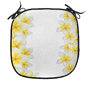 Lunarable Hawaiian Chair Cushion Pads Set of 4, Frangipani Blossoms Exotic Nature Garden Plumeria Flower Frame Relaxation Theme, Anti-Slip Seat Padding for Kitchen & Patio, 16"x16", Yellow White