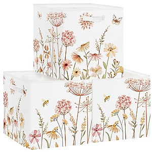 Clastyle 3 Pack Boho Flower Plants Kid Storage Bin Collapsible Large Butterfly Toy Basket for Clothes Book Gift Storage Box with Handle for Office Home Bedroom Nursery