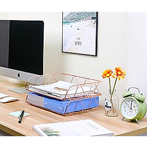PAG 2 Packs Desktop File Organizer Metal Stackable Horizontal Letter Tray Paper Holder Rack, Rose Gold