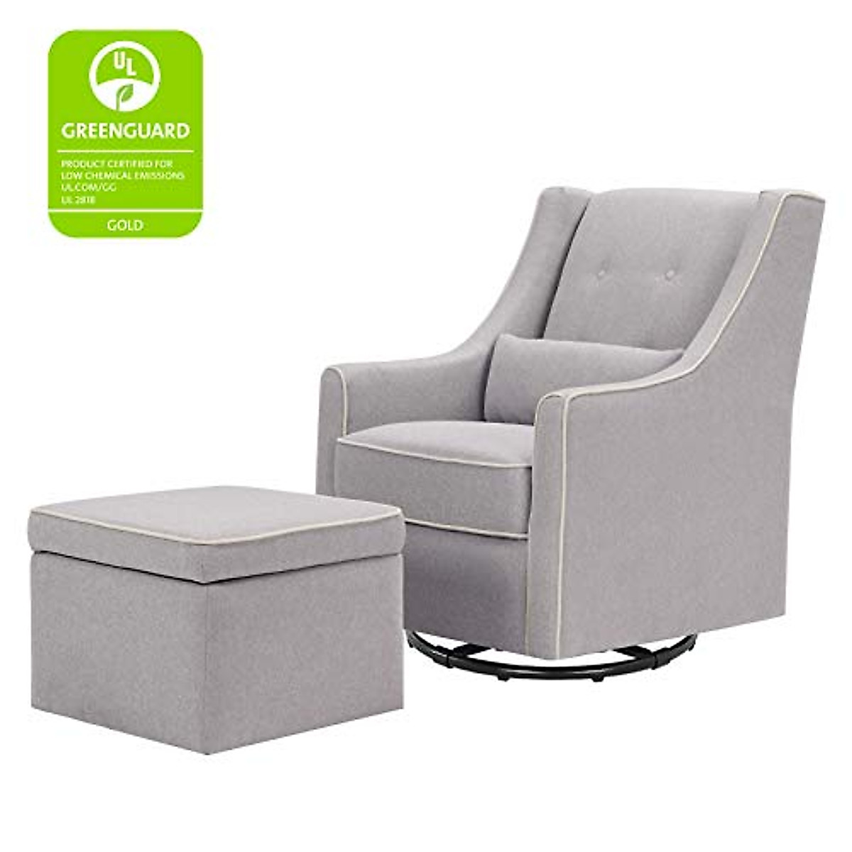 DaVinci Owen Upholstered Swivel Glider with Side Pocket and Storage Ottoman in Grey with Cream Piping, Greenguard Gold & CertiPUR-US Certified