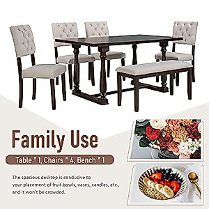 BIADNBZ 6-Piece Wooden Kitchen Dining Room Table Set with Upholstered Button Tufted Chairs & Bench, for Living Room Restaurant Furniture, Espresso