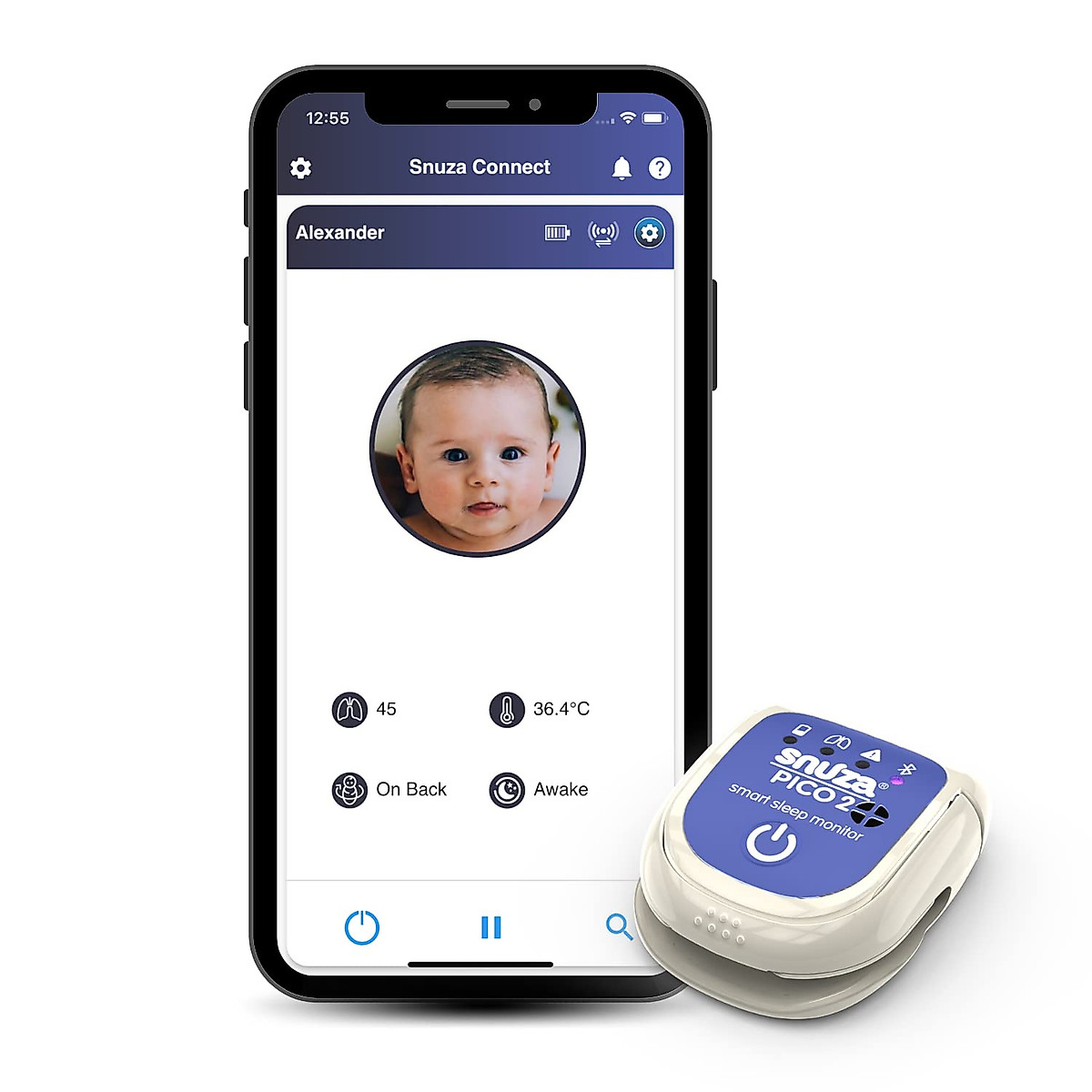PICO 2 by SNUZA - Breathing & Sleep Baby Monitor. Smart Phone App or as Stand Alone Unit. Track Abdominal Motion, Body Position and Skin Temperature. Alarm and Wake-Up Vibration for Safer Sleeping.