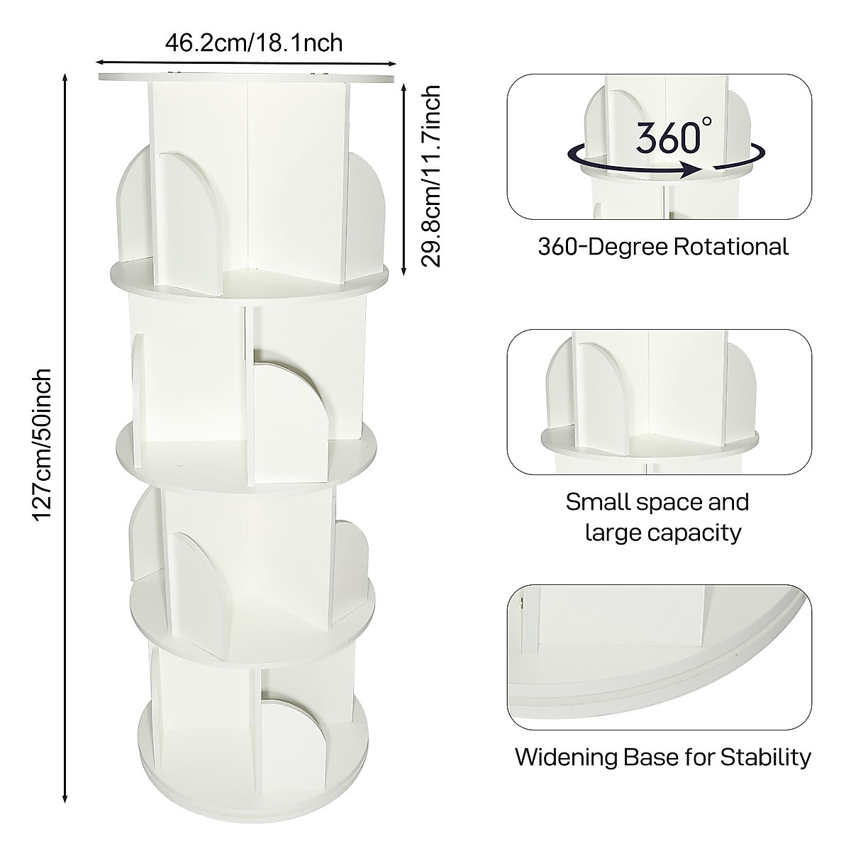 BEICNWOD Rotating Bookshelf,4 Tier 360° Revolving Bookcase,Small Corner Bookshelf for Small Space, Stackable Bookshelf Organizer, Display Cabinet for Office Home Living Room，White (White)