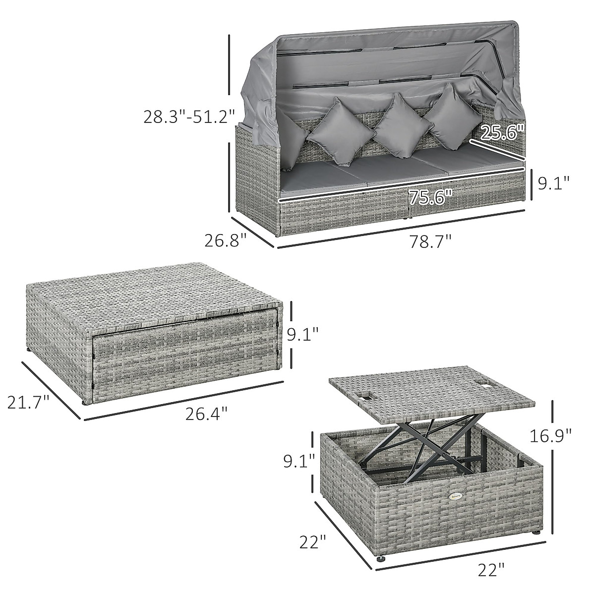 Outsunny 4 Piece Patio Furniture Set with Cushions, PE Rattan Daybed with Retractable Canopy, Outdoor Sectional Sofa Set with Adjustable Backrest, Height Adjustable Coffee Table, Light Gray