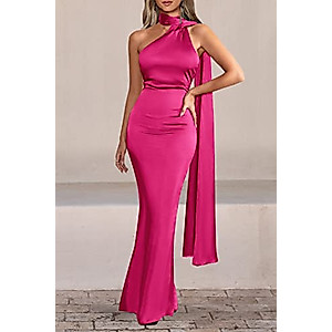 PRETTYGARDEN Women's Maxi Satin Dress Sleeveless Halter Neck Backless Long Formal Evening Cocktail Dresses (Rose Red,X-Large)