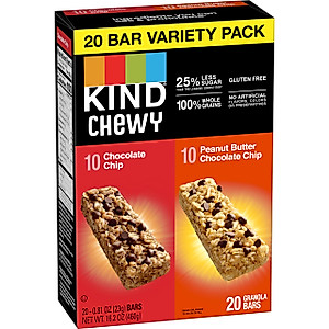 KIND KIDS Chewy Granola Bars, Chocolate Chip and Peanut Butter Chocolate Chip, Variety Pack, 100% Whole Grains, Gluten Free Bars, 0.81 oz (20 Count)