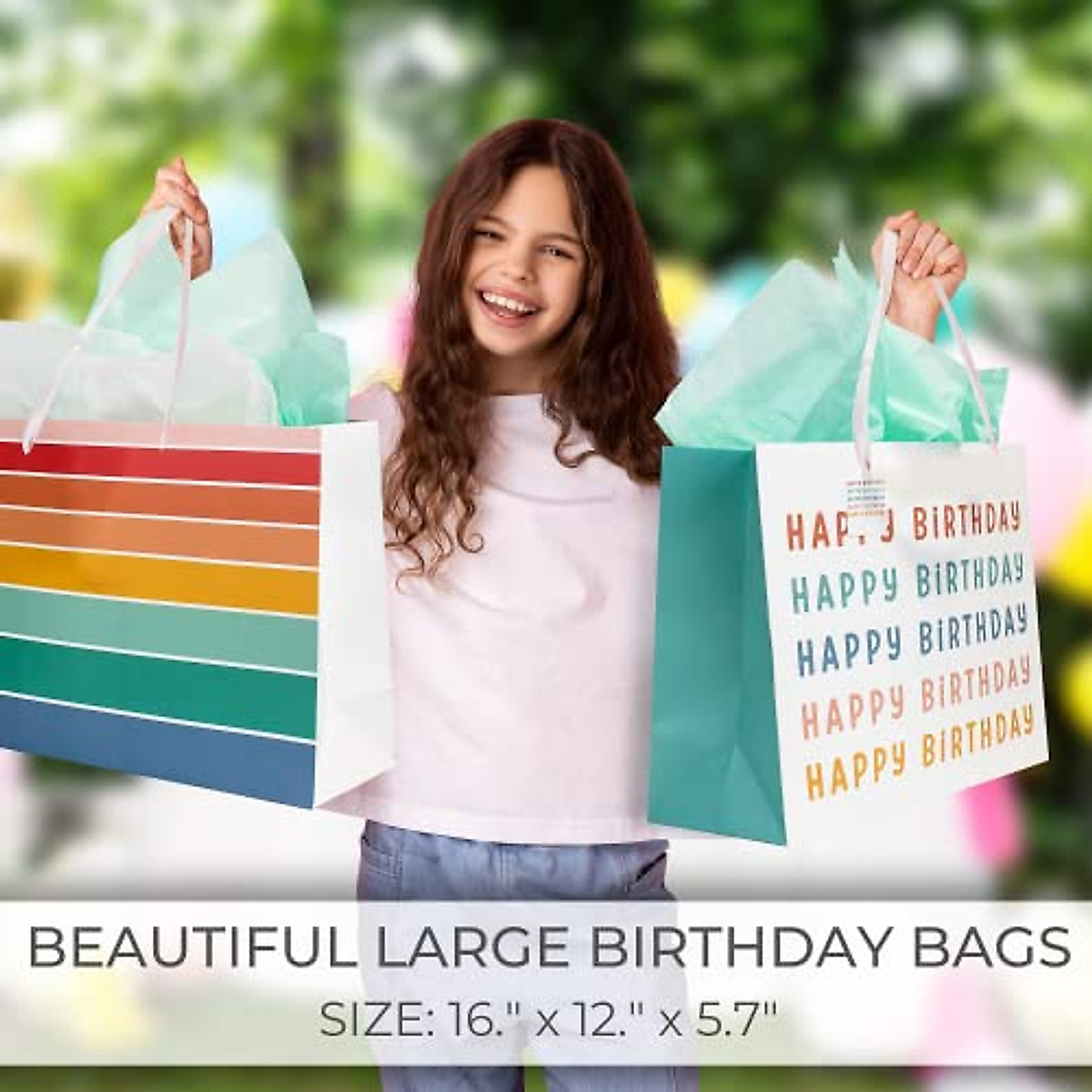 Beautiful Birthday Gift Bags Set of 2 - Large 16/'' Bags with Handles incl. Matching Tissue Paper, Cards & Stickers - Reusable and Perfect For Presents of Any Girls/Boys Kids Party & Special Occasion