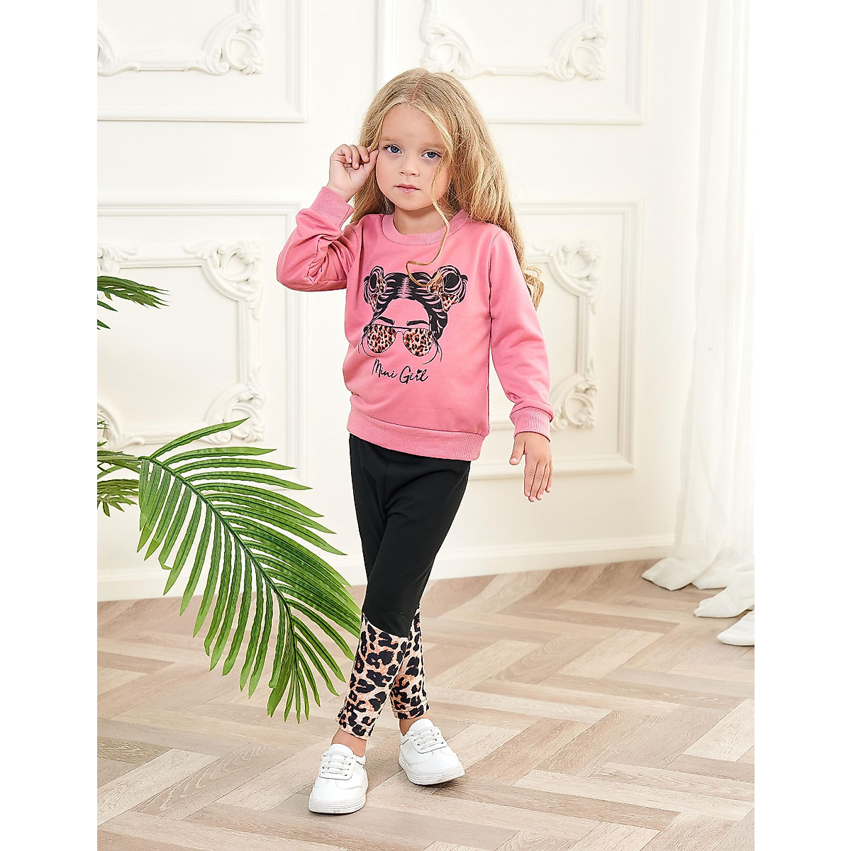 KIDLAGA Toddler Girl Clothes Figure Graphic Drop Shoulder Top Pullover Leopard Print Pants Fall Winter Outfit Set(5-6T)
