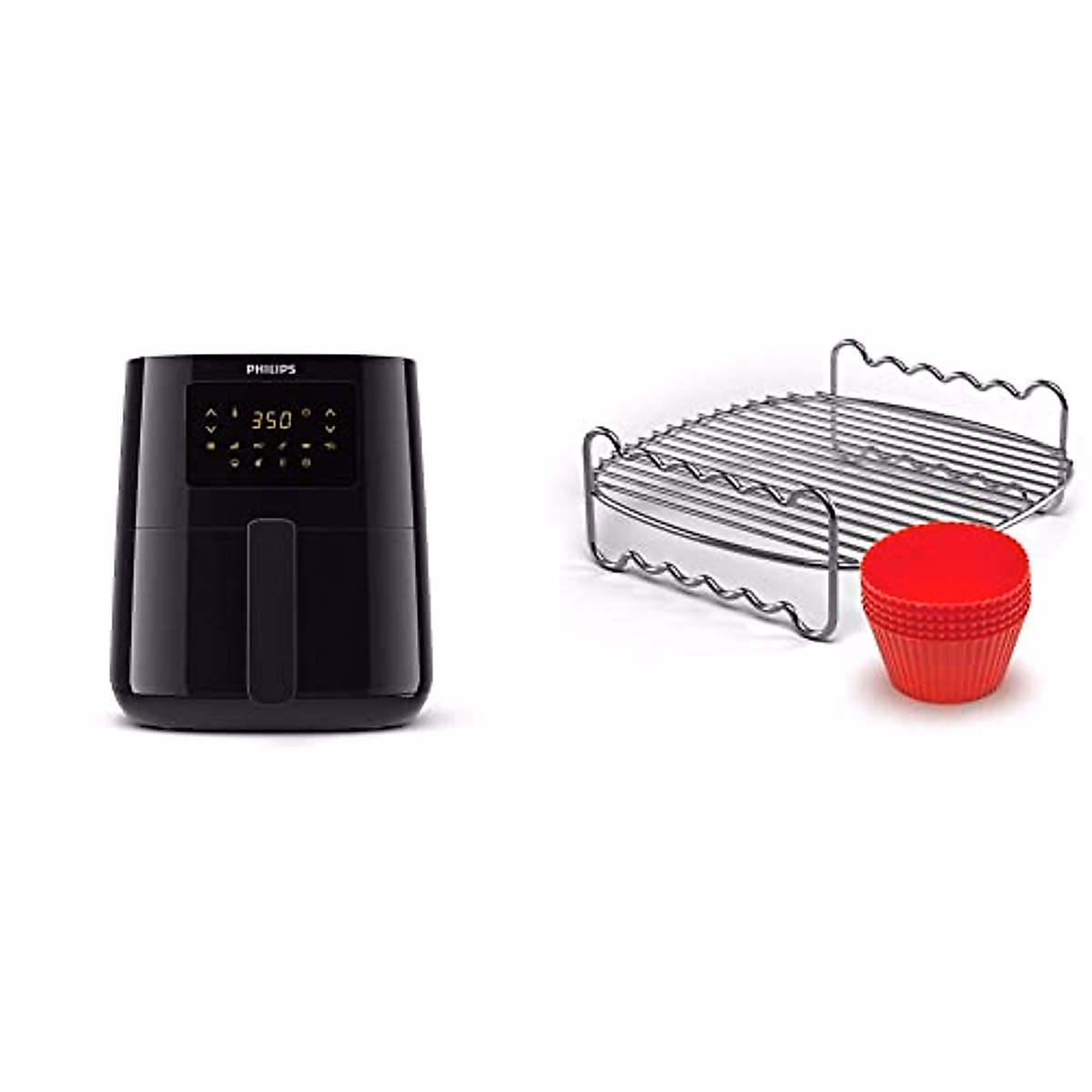 Philips Essential Airfryer Compact 1.8lb/4.1L Capacity Digital Airfryer, Black & Party Master Accessory Kit with Double Layer Rack and Silicone Muffin Cups, Silver/Red