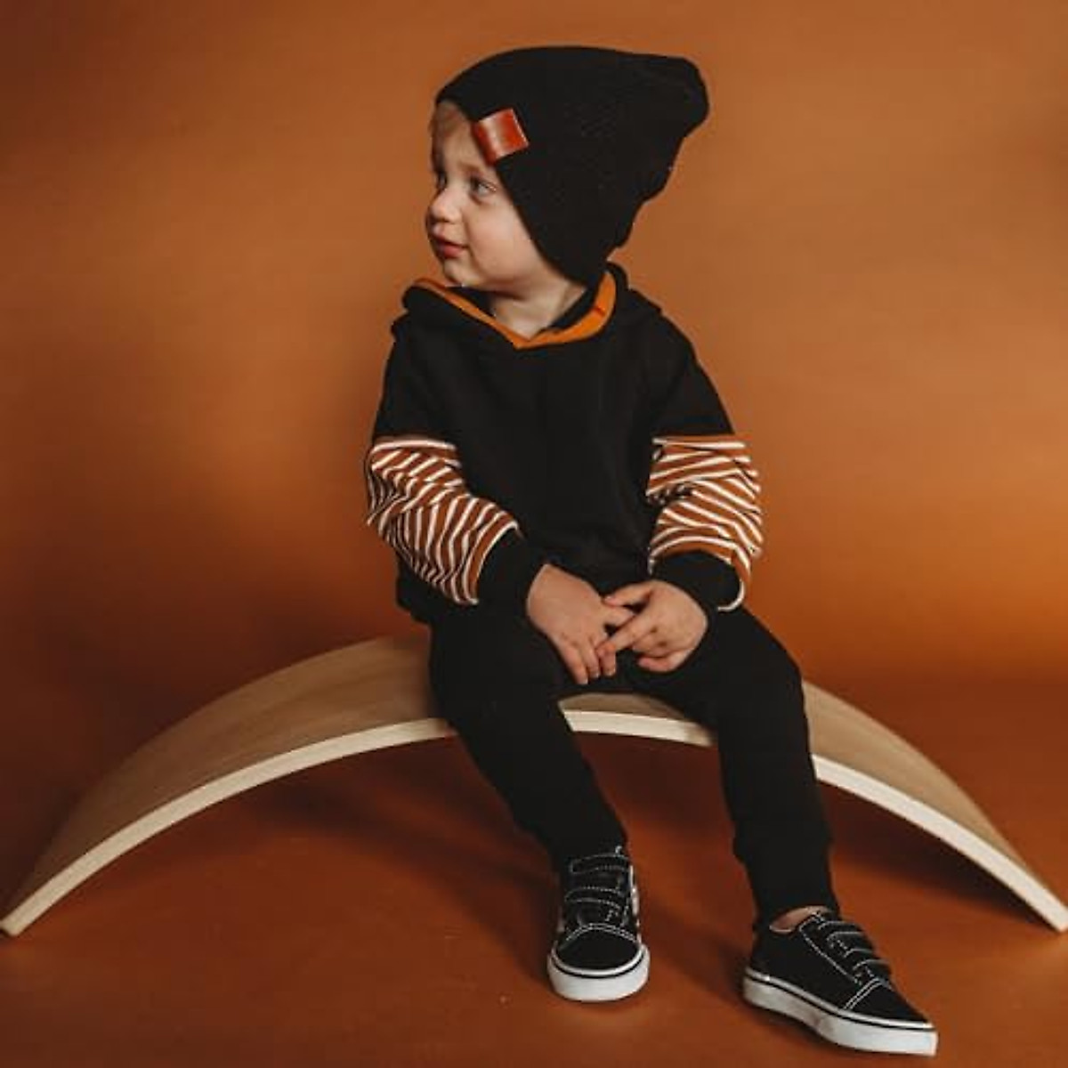 Hoanselay Toddler Baby Boy Color Block Sweatsuit Clothes Long Sleeve Hoodie Sweatshirt Top and Pants Fall Winter Outfit Set (Black striped, 18-24 Months)