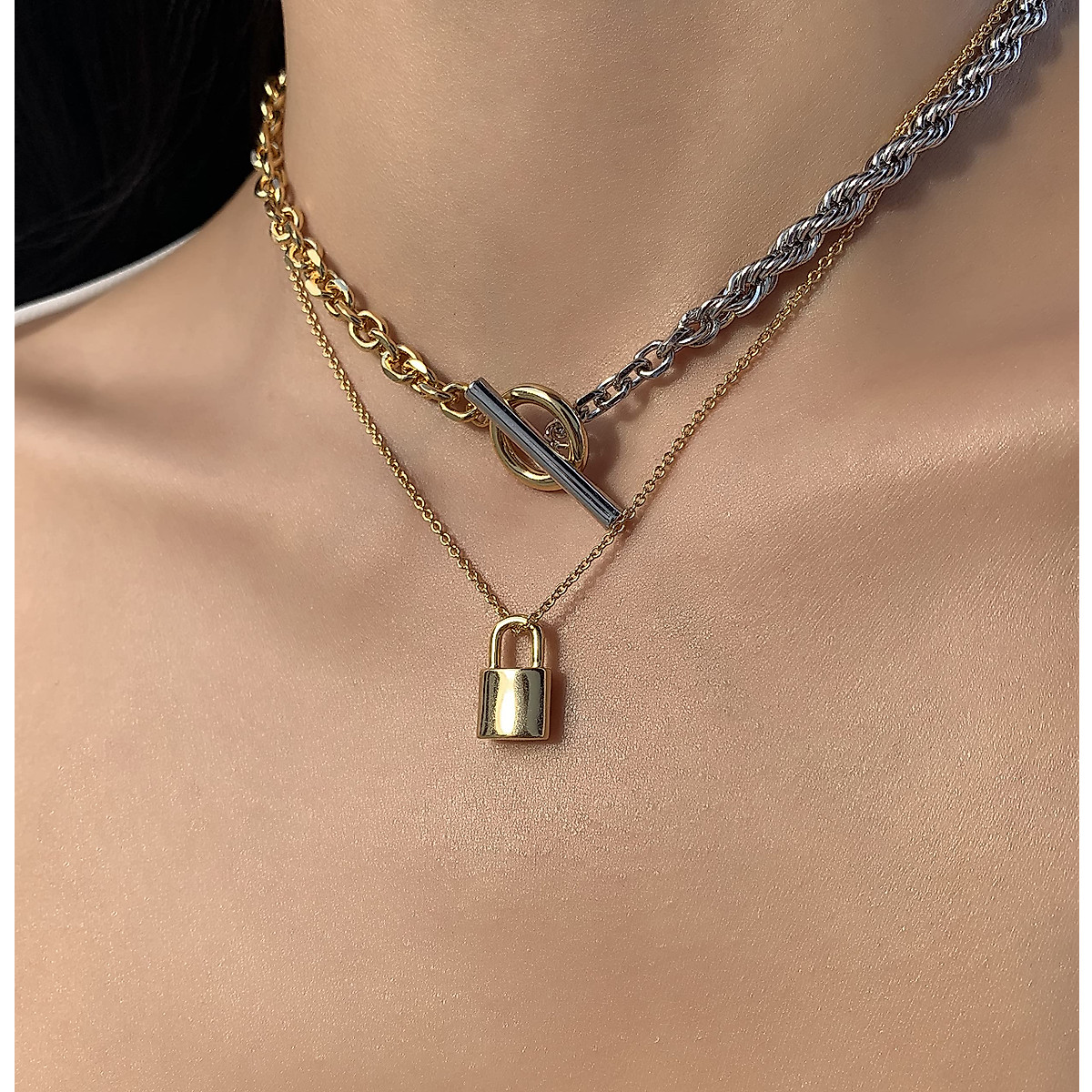 BAMERAL 18K Oval Link Chain Choker Paperclip Necklace Toggle Clasp Silver Rope Chain Short Layering Necklace Jewelry for Women 16''