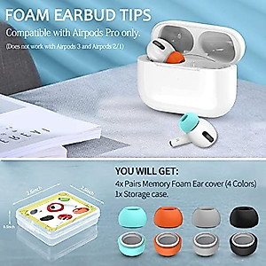 [4 Pairs] for Airpods Pro Ear Tips (Memory Foam), Replacement Ear Tips for Airpods Pro with Noise Reduction Hole | Fit in The Charging Case | with Portable Storage Box (Black/Grey/Orange/Mint Blue)