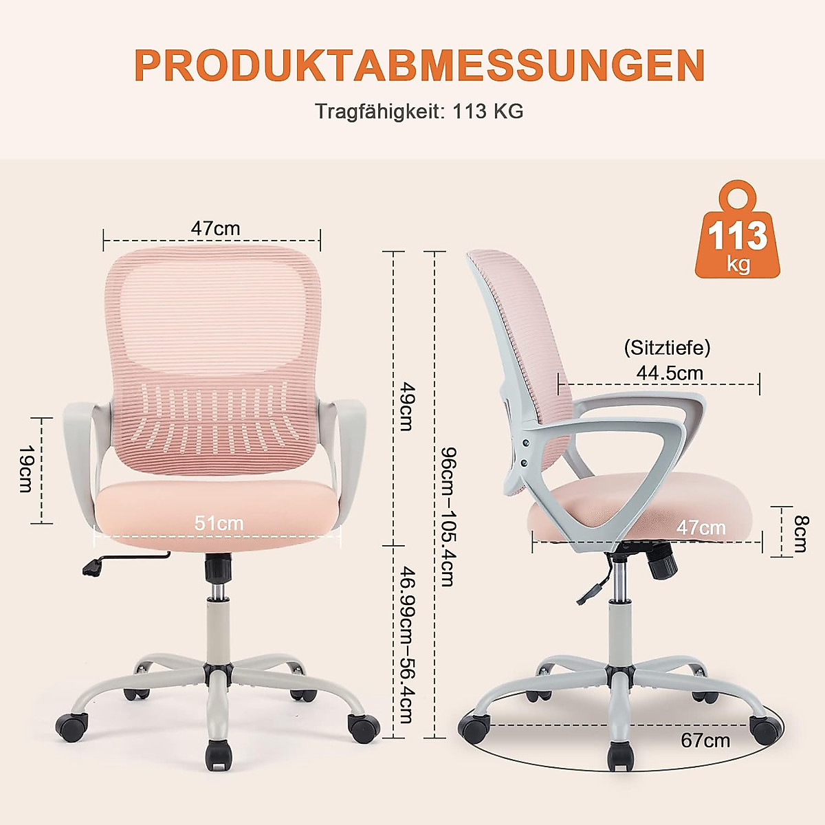 Sweetcrispy Office Computer Desk Chair, Ergonomic Mid-Back Mesh Rolling Work Swivel Task Chairs with Wheels, Comfortable Lumbar Support, Comfy Arms for Home, Bedroom, Study, Student, Pink